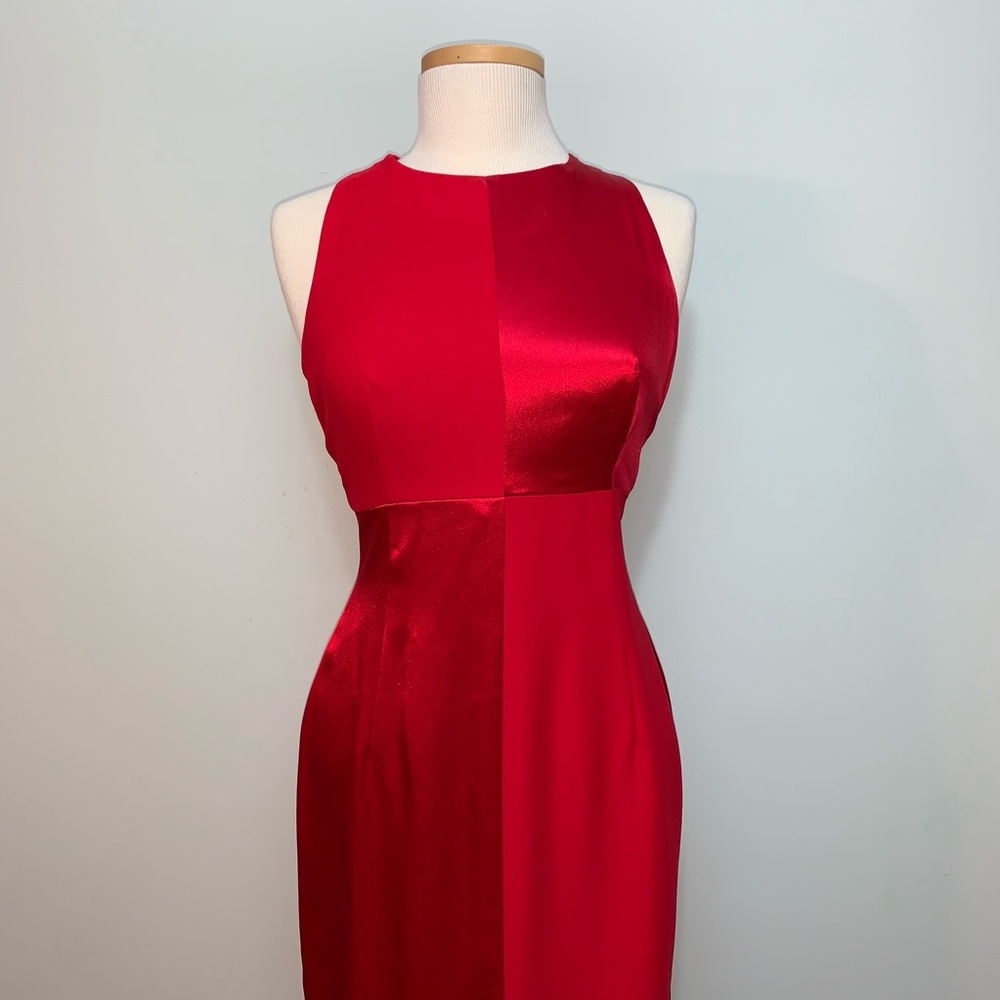 Red Color Block Evening Dress Criss Cross Back - Gem